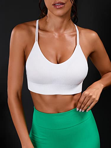 GORGLITTER Women's Strappy Sports Bra Criss Cross Back Bra Backless Removable Padded Yoga Crop Top White Medium