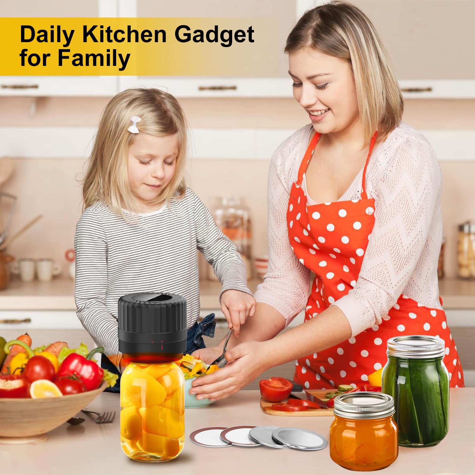 Electric Mason Jar Vacuum Sealer Kit for Wide and Regular Mouth, HUIJUTCHEN Cordless Mason Jar Sealer Vacuum Kit with LED Display for Power, Work Time, Auto Mason Jar Sealer Vacuum Kit for Foodsaver