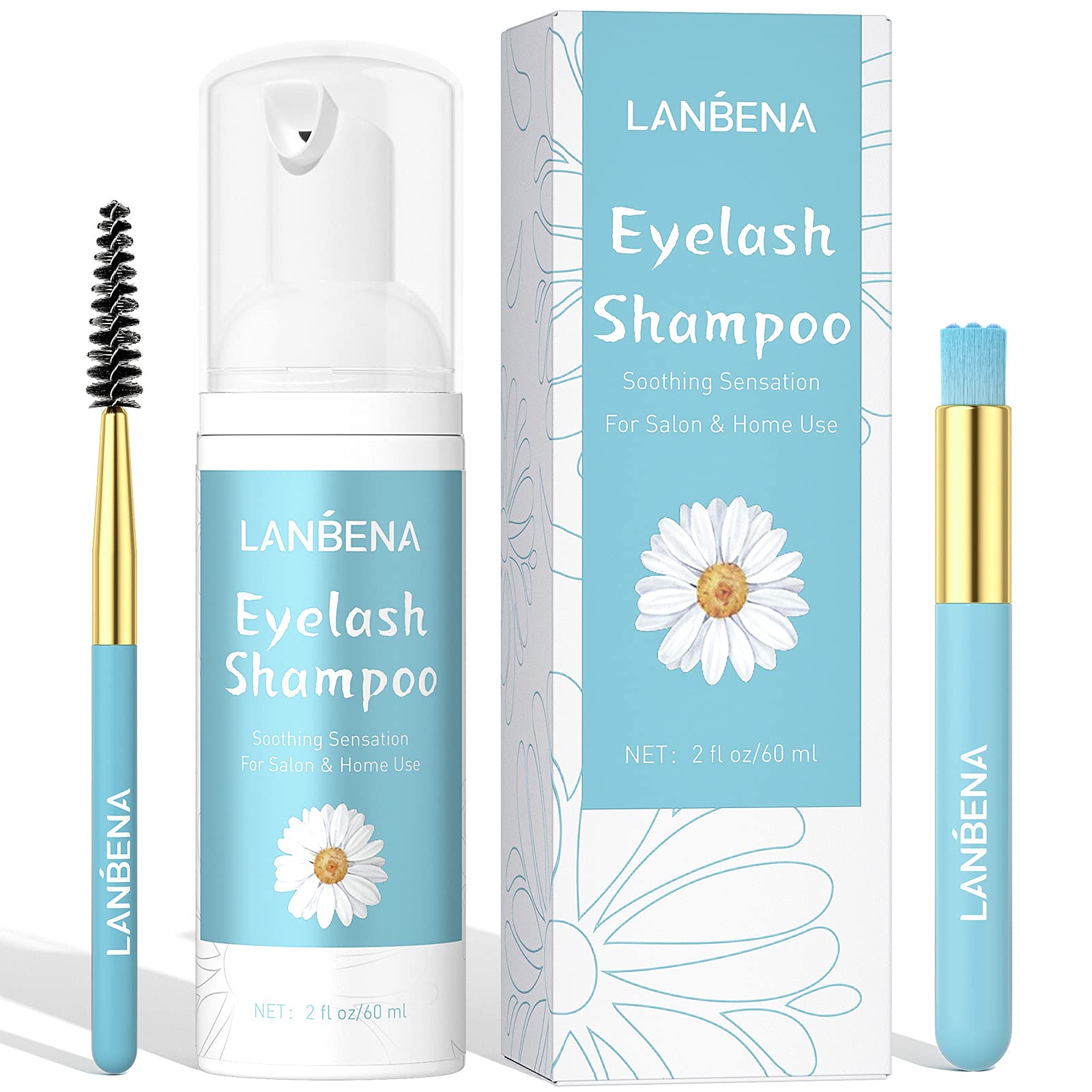 Eyelash Extension Cleanser, Lash Shampoo with 2 Brushes, Eyelash Extension Shampoo, Chamomile Eyelash Foam Cleaner, Paraben & Sulfate & Oil Free for Salon and Home Use (60ml 2 Fl Oz)