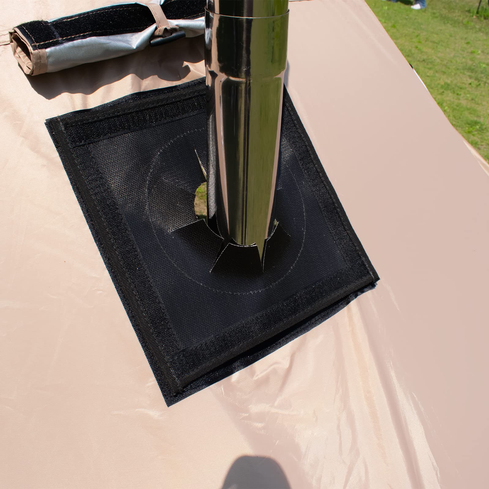 FLASLD Tent Stove Jack 12" ×12" with 4-6inch Expandable Hole, Green Fireproof Camping Stove Pipe Jack Kit for Canvas Tent