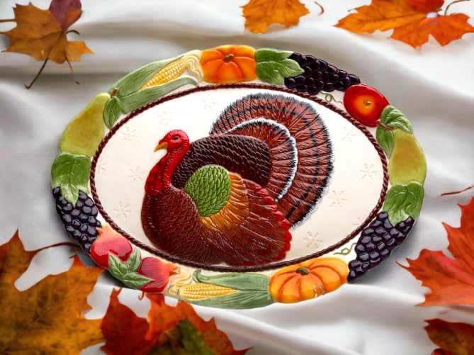Fine Ceramic Thanksgiving Harvest Turkey with Pumpkin, Corn, Grapes, Apple & Pear Designs Platter, 12-3/4" * 18"