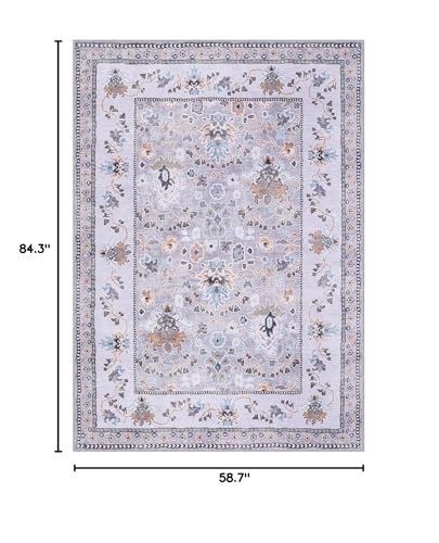 Lena Rug Floral Machine Washable Area Rug 5x7 for Living Room Bedroom Kitchen Dining Room Gray