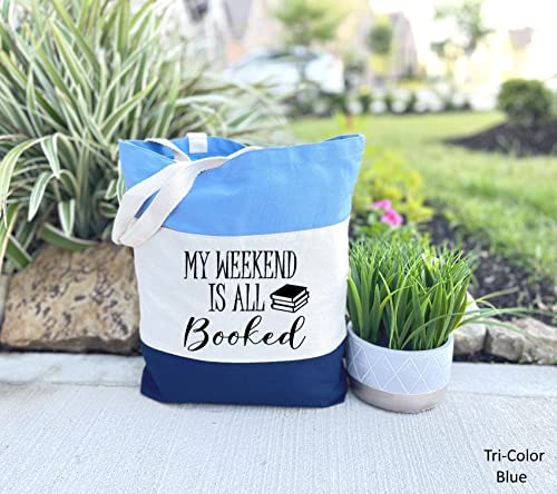 H3GRUP Book Lover Tote Bag Gift My Weekend is all Booked Funny Bibliophile Gift Library Bag Librarian Gift, Gift for Teacher (Tri-Color Blue, 15" L x 15" H x 3" D)