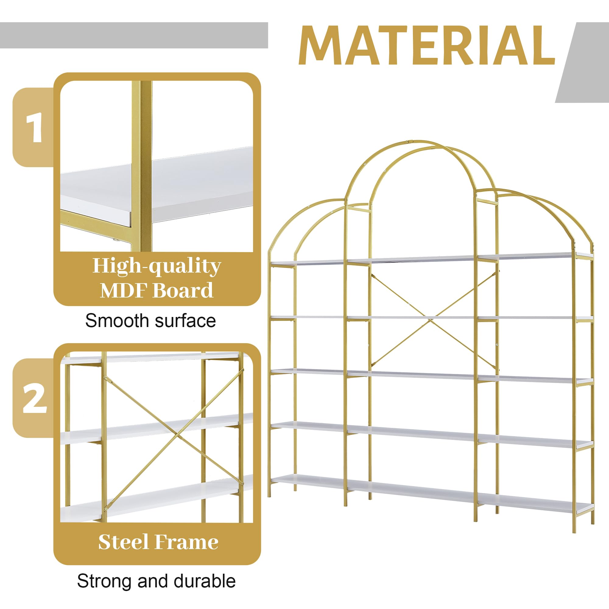 Merax Bookshelf 5 Tiers Bookcase, Gold Display Shelf Organizer with X Bar Frame, Crown-Shaped Design, White