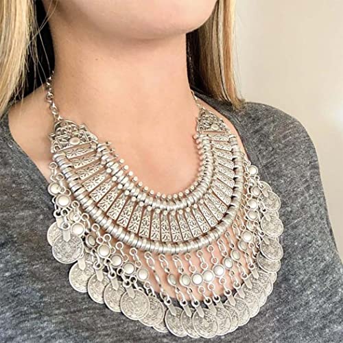 Flatser Boho Chunky Necklaces Silver Coin Collar Choker Tassel Statement Chain Prom Party for Women and Girls