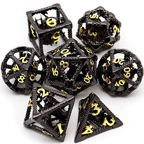 Haxtec Hollow Metal DND Dice Set 7PCs Flying Dragon Rainbow D&D Dice Set with Leather Dice Bag for Dungeons and Dragons TTRPG Gift