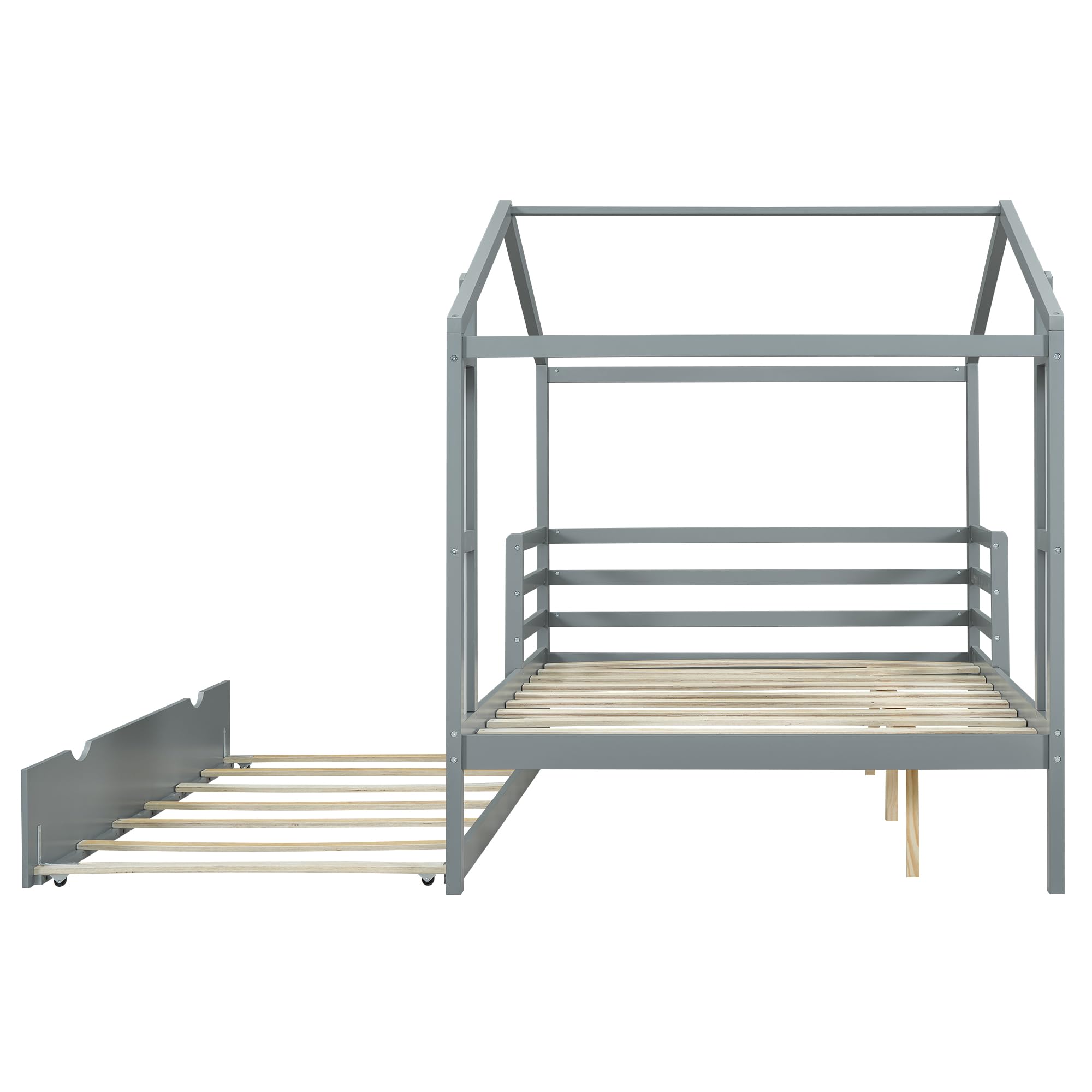 Merax Full Size Wood House Bed with Fence and Writing Board,House Bed with Trundle, White