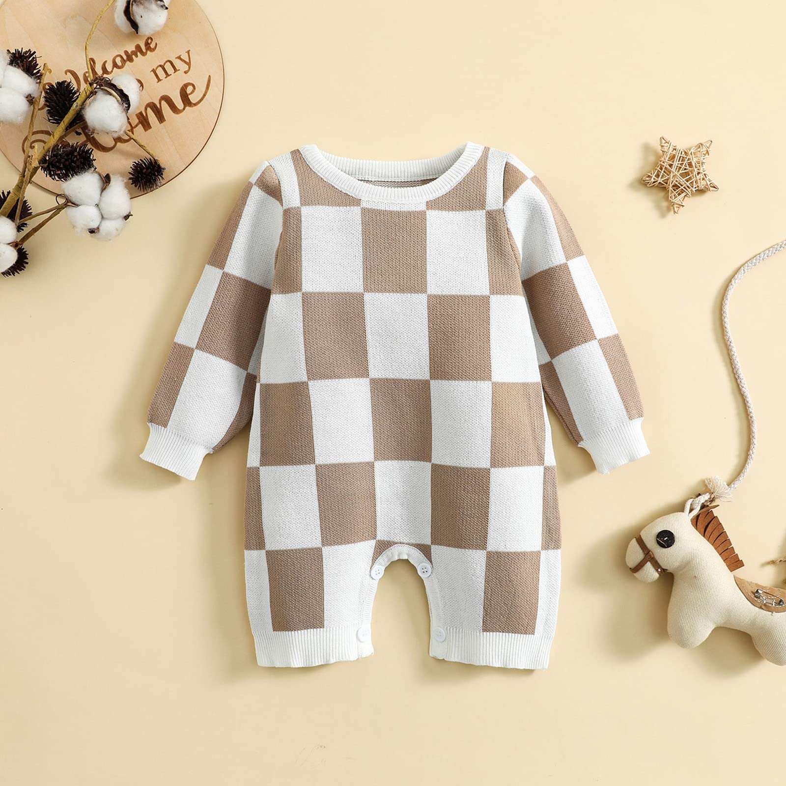 Lamgool Baby Girls Boys Checkered Jumpsuit Knitting Longsleeve Casual Plaid Romper Outfit for Fall 6-12M