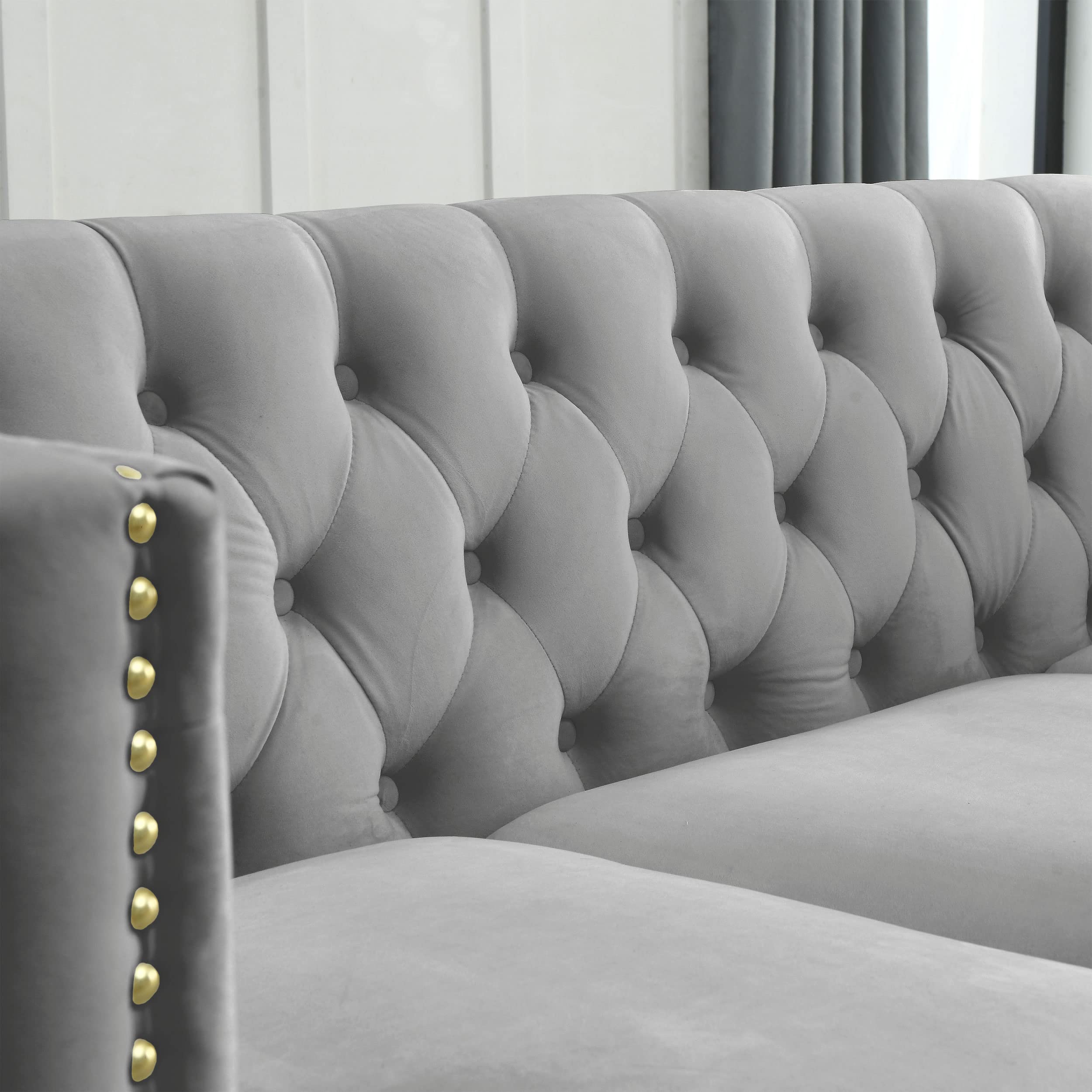 Merax L-Shaped 82.2-inch Sofa Couch, Luxury Classic Chesterfield Velvet Corner Sofa, Button Tufted Upholstered Sectional Corner Sofa with 3 Pillows and Metal Legs, Grey
