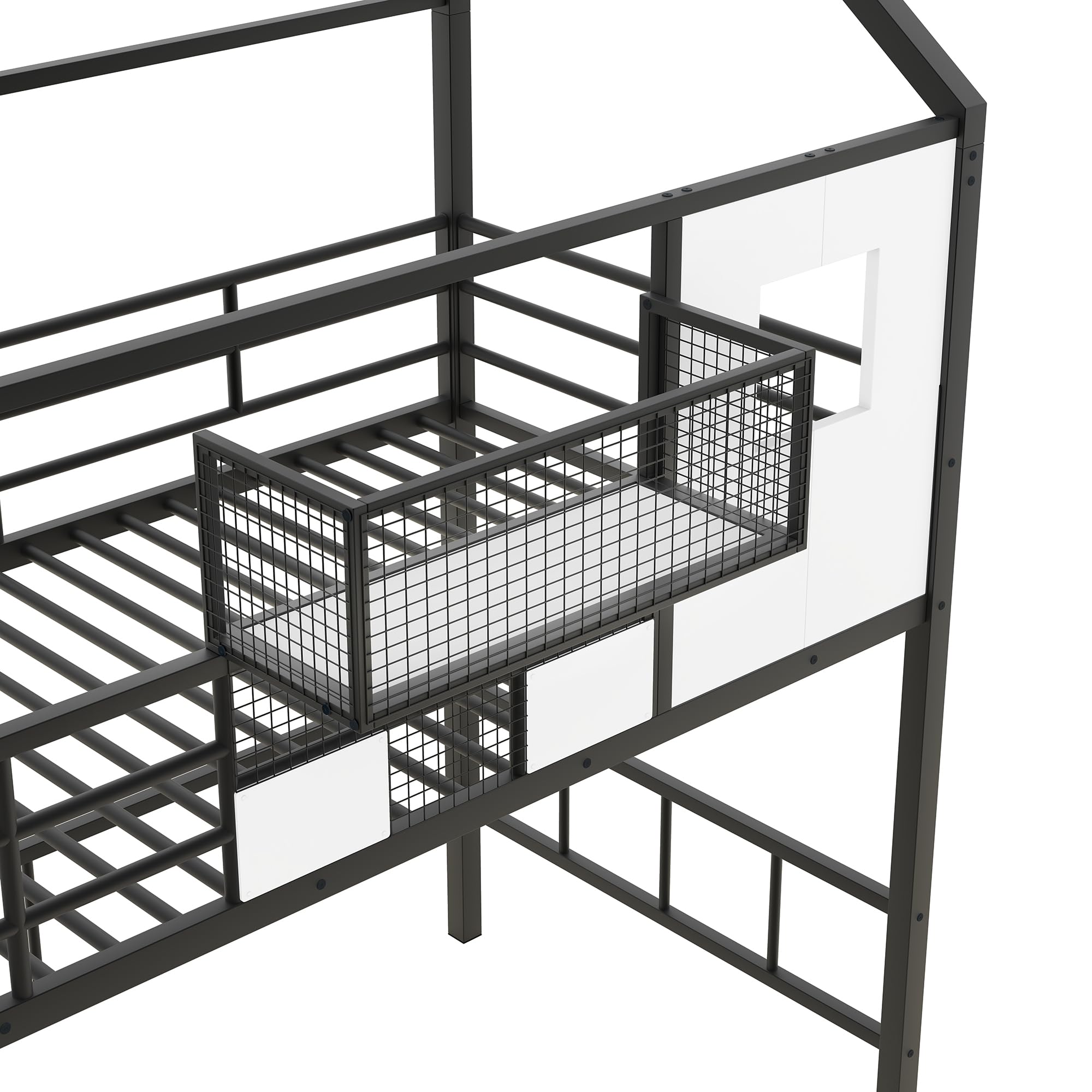 Merax Loft Bed Full Size with Storage Grid, Metal Loft Bed with Lateral Shelf Ladder, for Adults and Teens, Black