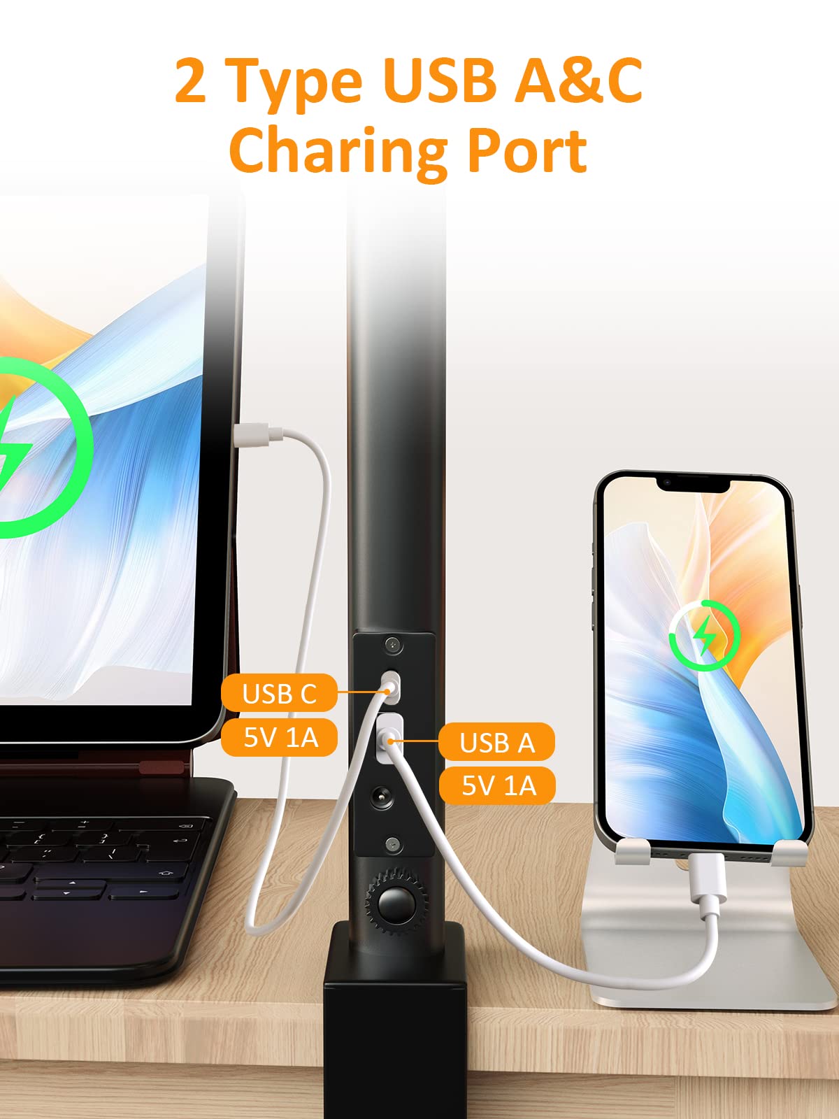 Desk Lamp for Home Office, Eye-Caring LED Desk Lamp with USB C+A Charging Port, Architect Desk Light 5 Lighting 5 Brightness, Flexible Gooseneck Clamp for Reading Study