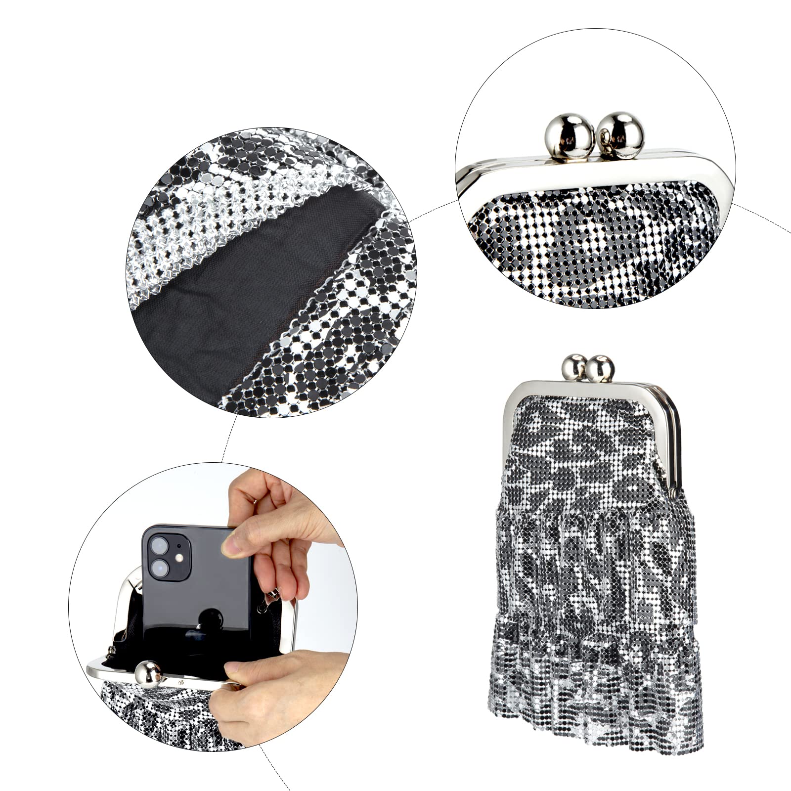 Gripit Leopard Print Rhinestone Sequin Bag Sparkly Phone Purse Silver Clutch Purses for Women Evening Glitter Party Purses