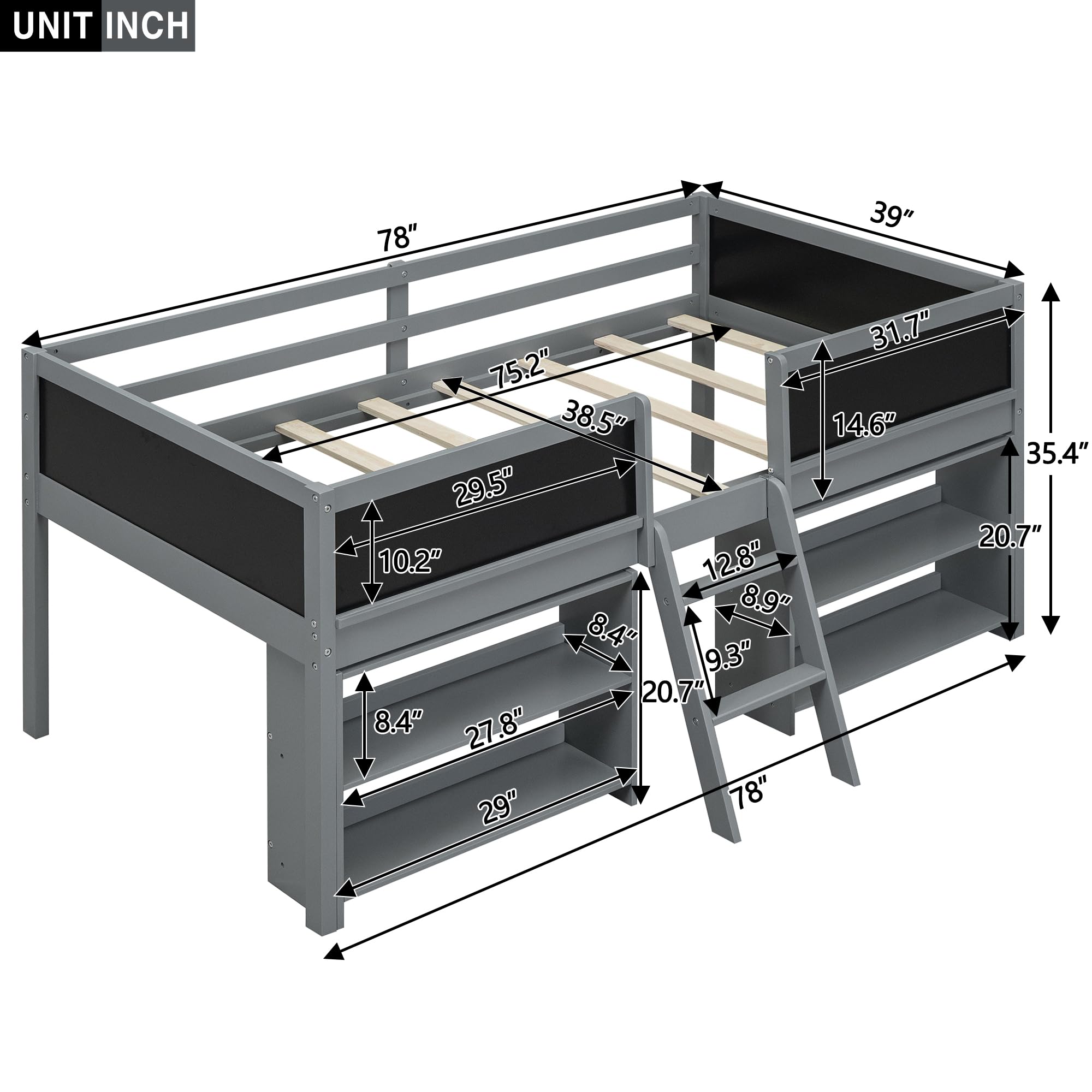 Low Loft Bed with 2 Movable Storage Shelves, Twin Size Bed Frame with Chalkboard and Ladder, Wood Loft Daybed for Kids, Boys, Girls, Teens, No Spring Box Required, Gray