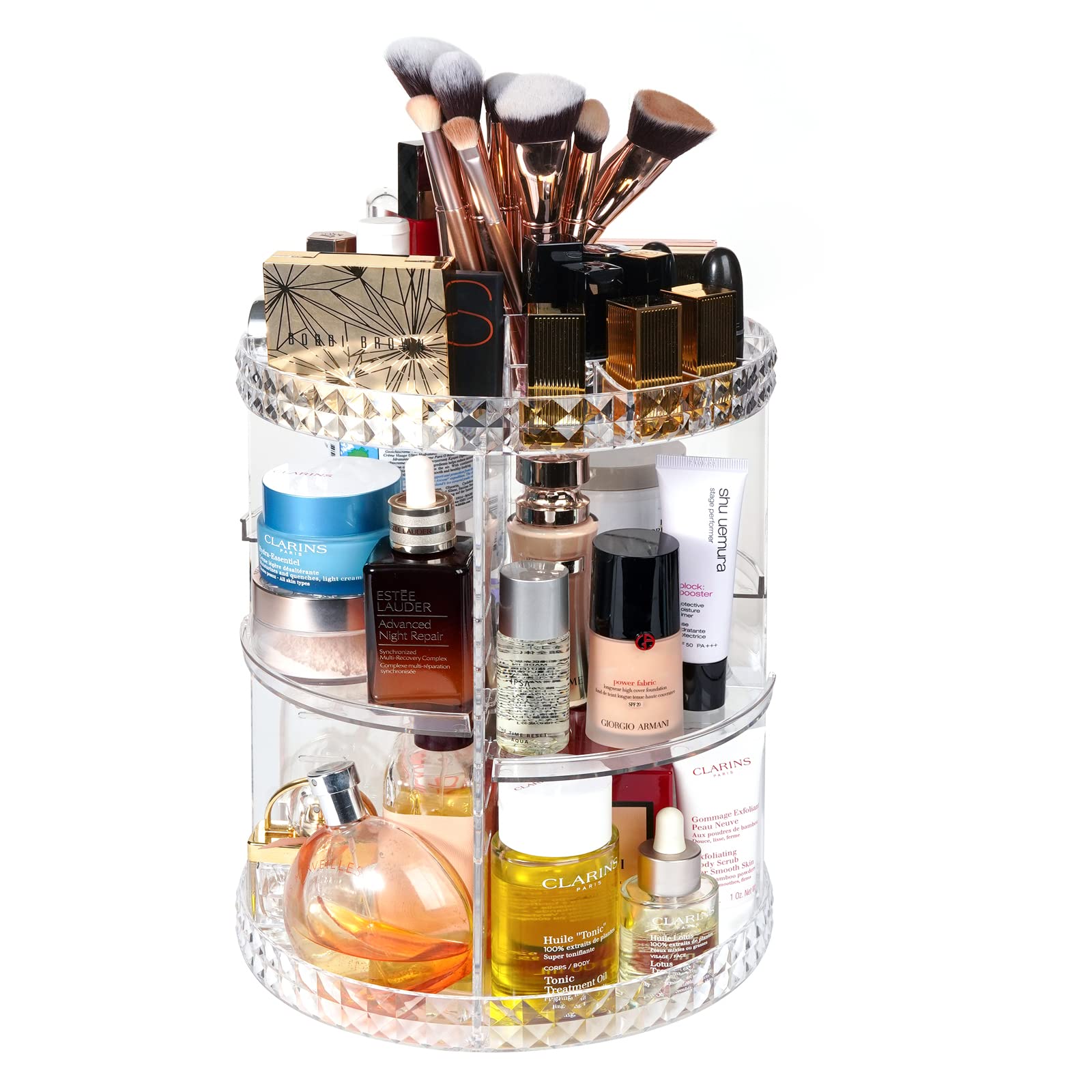 LAMUKA Rotating Makeup Organizer, Large Capacity DIY Spinning Cosmetic Organizer with Adjustable Perfume Tray, Makeup Skincare Brush Carousel Storage Holder for Dresser or Vanity Bathroom Countertop