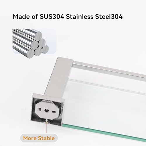 LANC Chrome Bathroom Shelf Glass Shelves 20-Inch Floating Tempered Glass Shelf Rectangular Stainless Steel Wall Mounted Silver Polished Shelves for Bathroom Kitchen Organizers Accessories,A7613CP