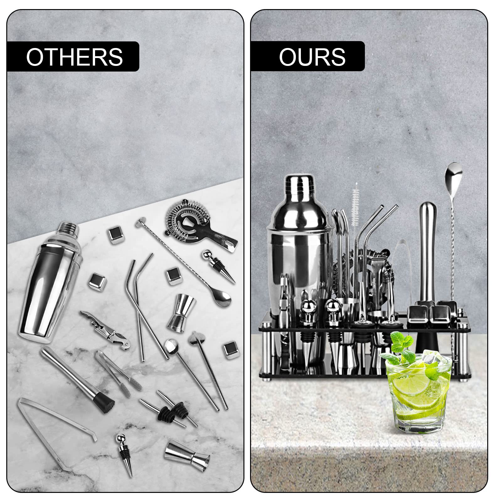 Farafox Cocktail Shaker Set Bartender Kit,23 PCS Bar Tool Set with Acrylic Stand, Professional Bar Tools for Drink Mixing, Home, Bar, Party (Include 4 Whiskey Stones)