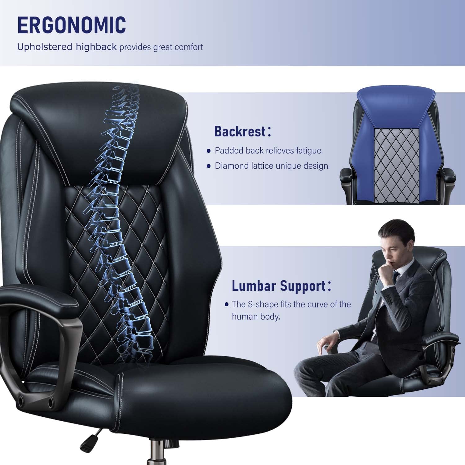 Ergonomic Office Chair High Back Home Office Desk Chair with Wheels Computer Chair with Lumbar Support PU Leather Executive Office Chair,Black
