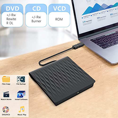 LPUNCD External CD/DVD Drive for Laptop USB 3.0 & Type-C,External CD DVD Burner CD/DVD+/-RW Rewriter for Laptop, Desktop, iMac, MacBook, Compatible with Windows 11/10/XP/8/7/Vista/Linux/MacOS, Black