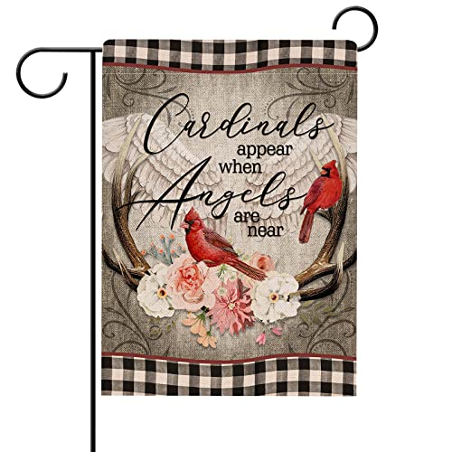 Hzppyz Cardinals Appear When Angels are Near Spring Peony Flower Home Decorative Garden Flag, Buffalo Plaid House Yard Red Bird Double Sided, Outside Decoration Farmhouse Outdoor Small Decor 12x18