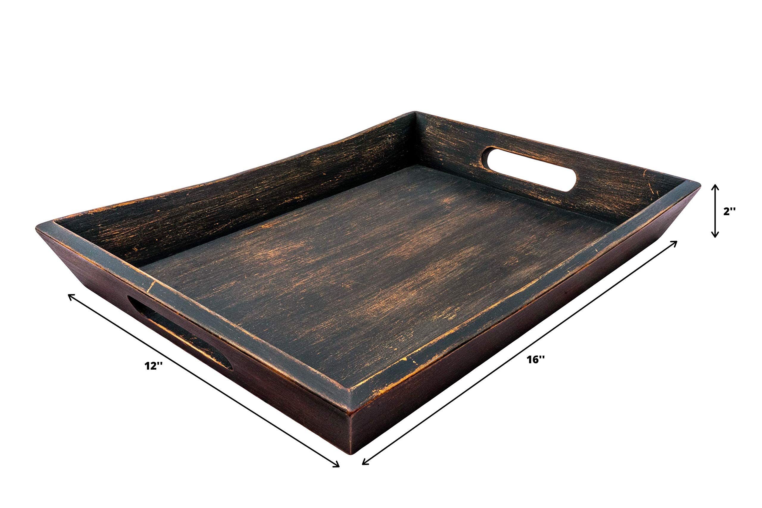 EZDC Wooden Tray, Coffee Table Tray, Ottoman Tray Dark Brown 16 x 12” Modern Aesthetic Decorative Serving Tray with Handles for Drinks and Food
