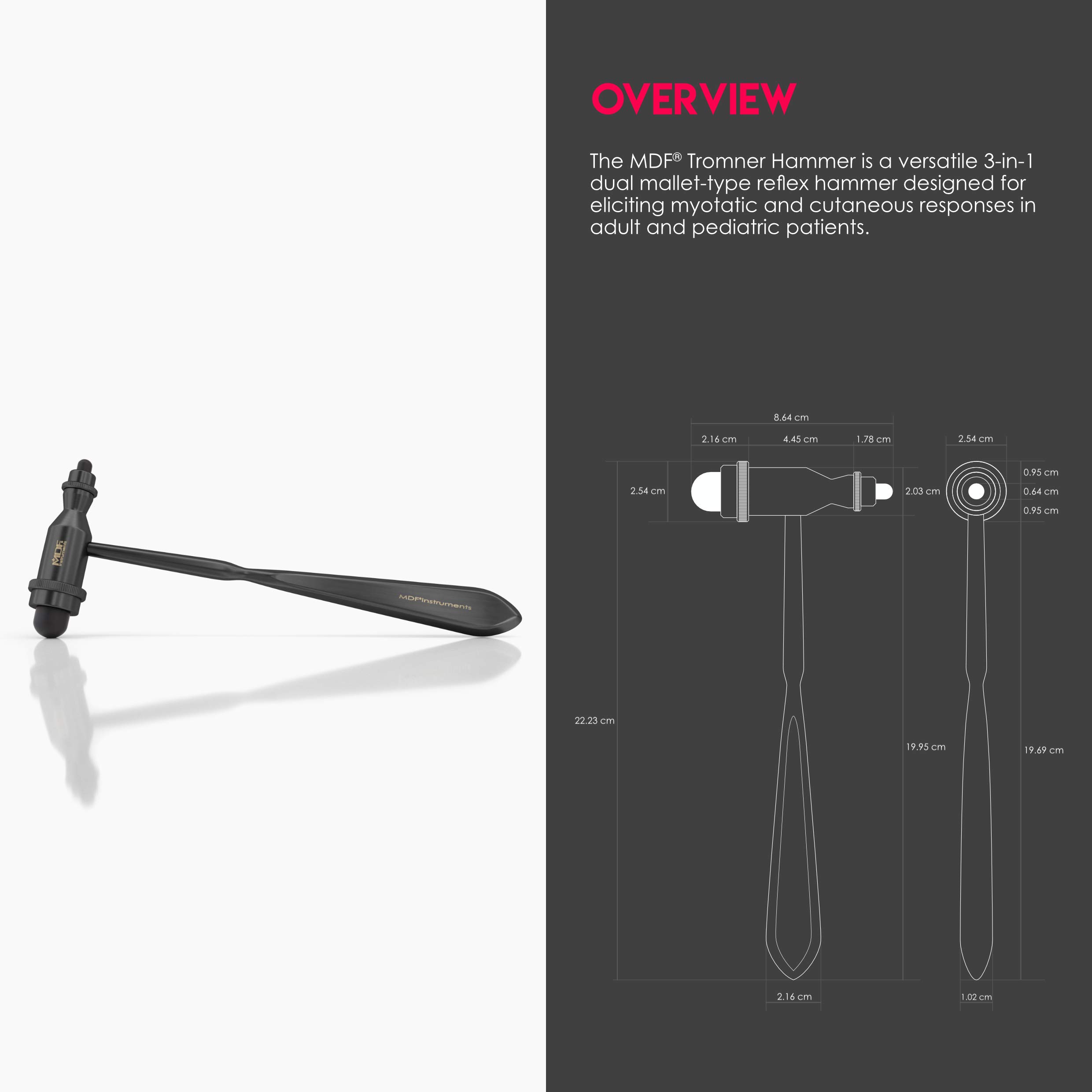 MDF Instruments, Tromner Neurological Reflex Hammer with Pointed Tip Handle for Cutaneous and Superficial Responses - Free-Parts-for-Life (MDF555) (All Black (Blackout))