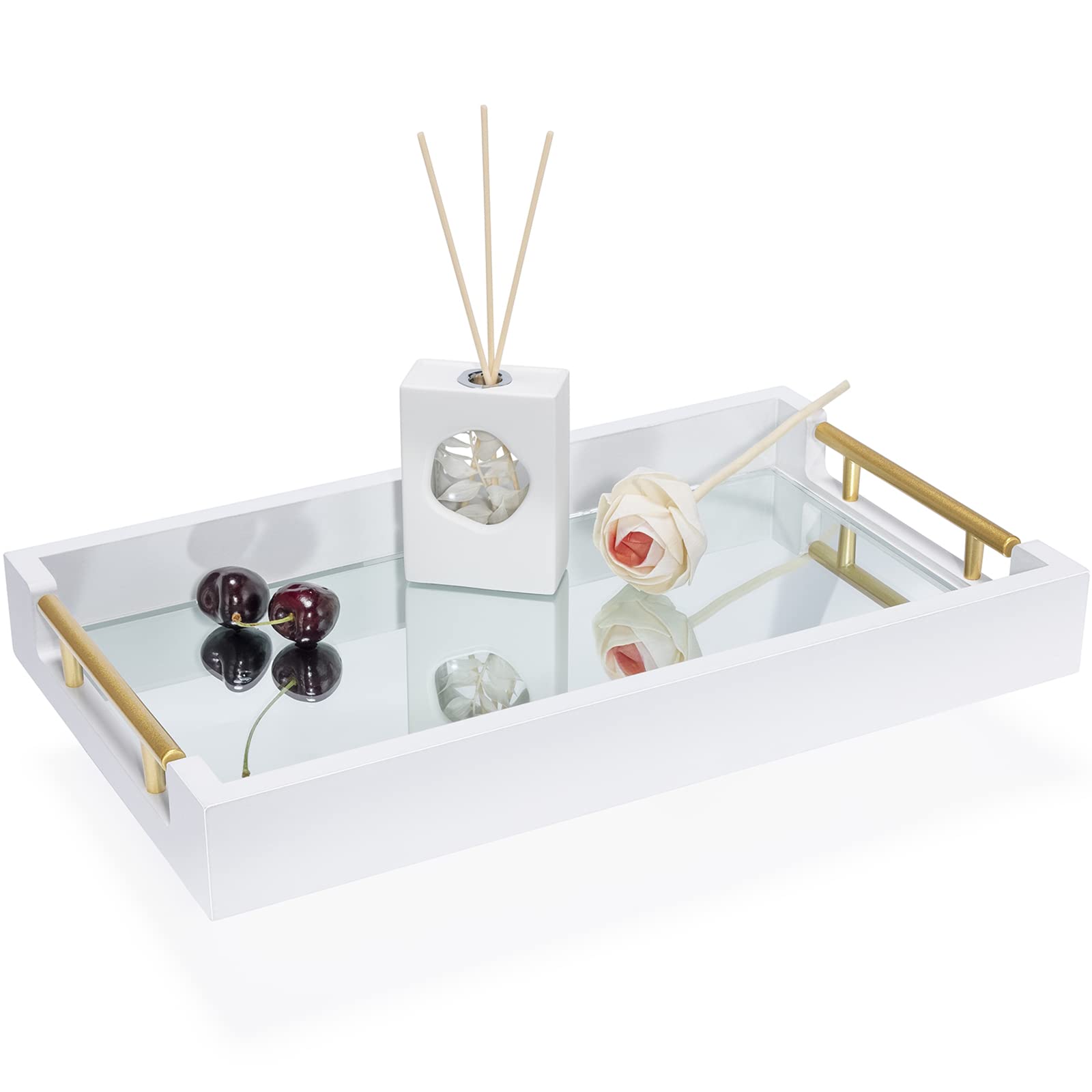Elegant White Serving Tray with Gold Handles,Mirror Tray for All Occasion's-Serving Trays forParty, Kitchen, Entertaining,Living Room,Ottoman,Bathroom,Outdoors