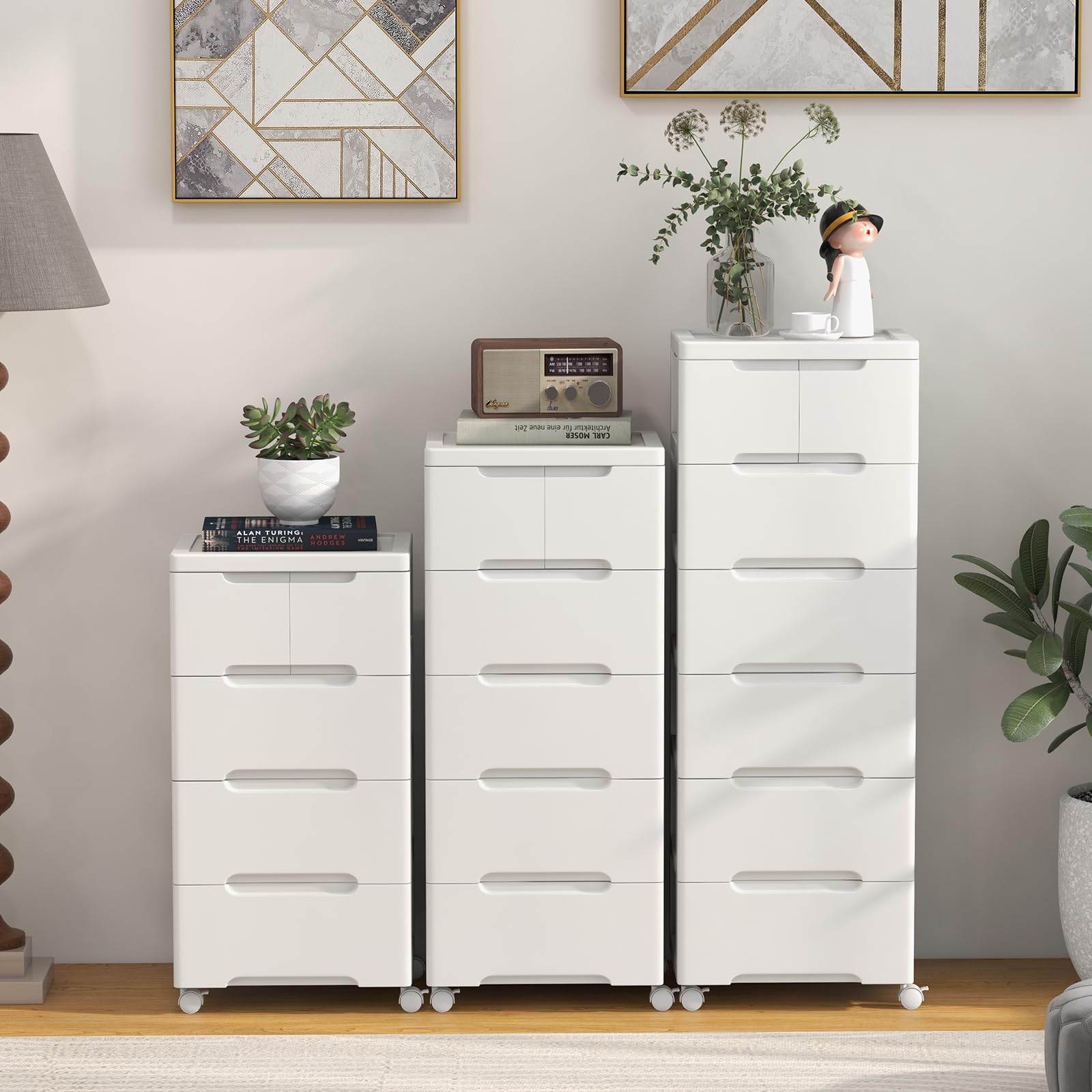 LOKO 7-Drawer Plastic Rolling Storage Cart, Mobile Storage Cabinet with 4 Universal Wheels, Vertical Storage Tower Container Unit for Living Room, Bedroom, Home Office, White (16βx13"x45β (7 Drawers))
