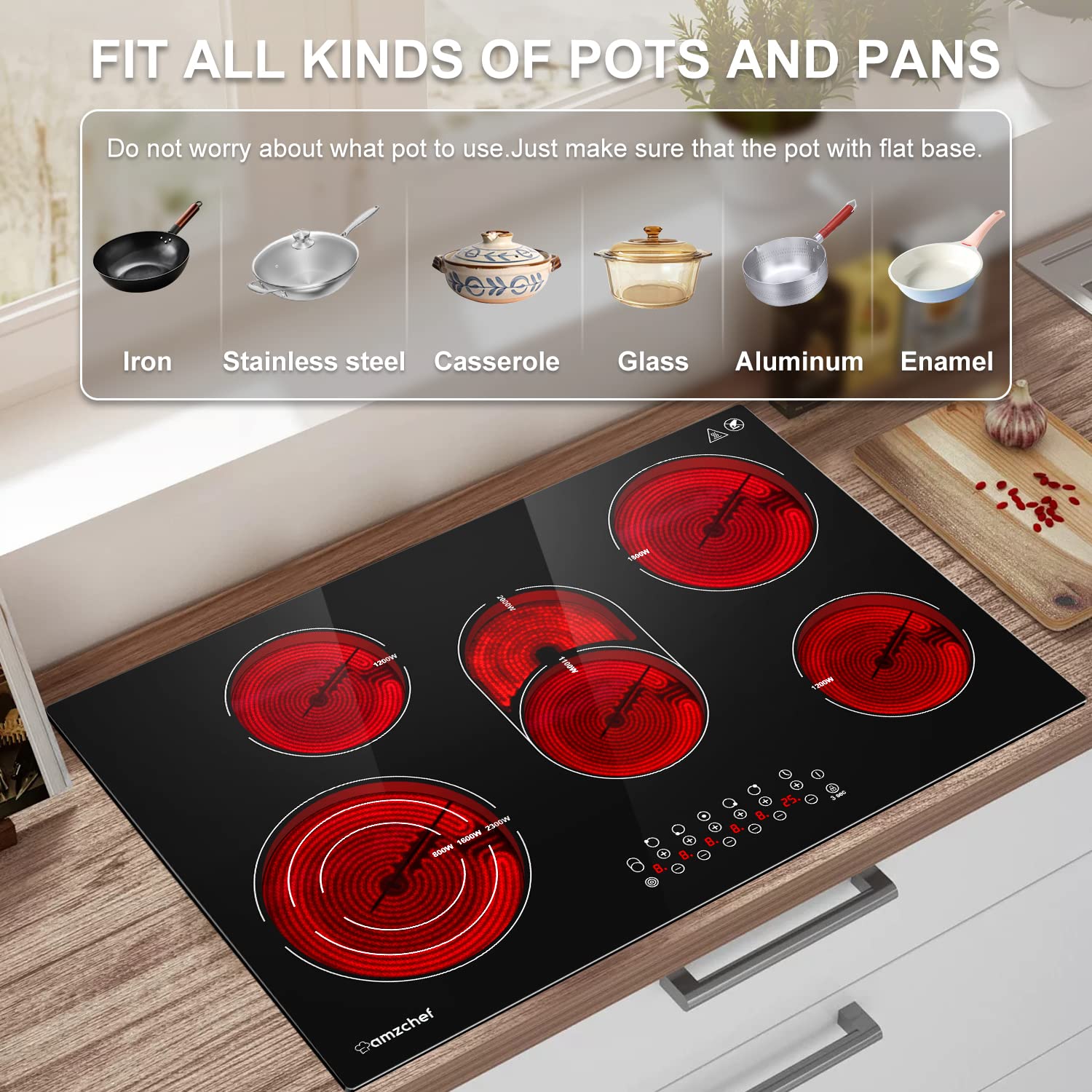 Electric Cooktop 30 Inch, AMZCHEF Built-in Electric Stove Top, 240V Countertop Stove Cooktops With 5 Burners, 9 Heating Level, Timer & Kid Safety Lock, Sensor Touch Control