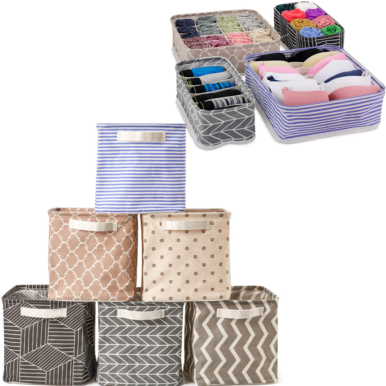 EZOWare 6 Pcs Collapsible Linen Canvas Fabric Cube Storage Bin Baskets + 4 Closet Wardrobe Dresser Drawer Organizer Divider For Organizing Nursery Baby Clothes - Mixed