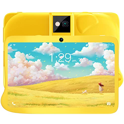 HAIKOO Childrens Tablet US Plug 100-240V 5MP Front 8MP Rear 7in 1960x1080 IPS HD Tablet 4GB 32GB for Android 10.0 for Reading (Yellow)