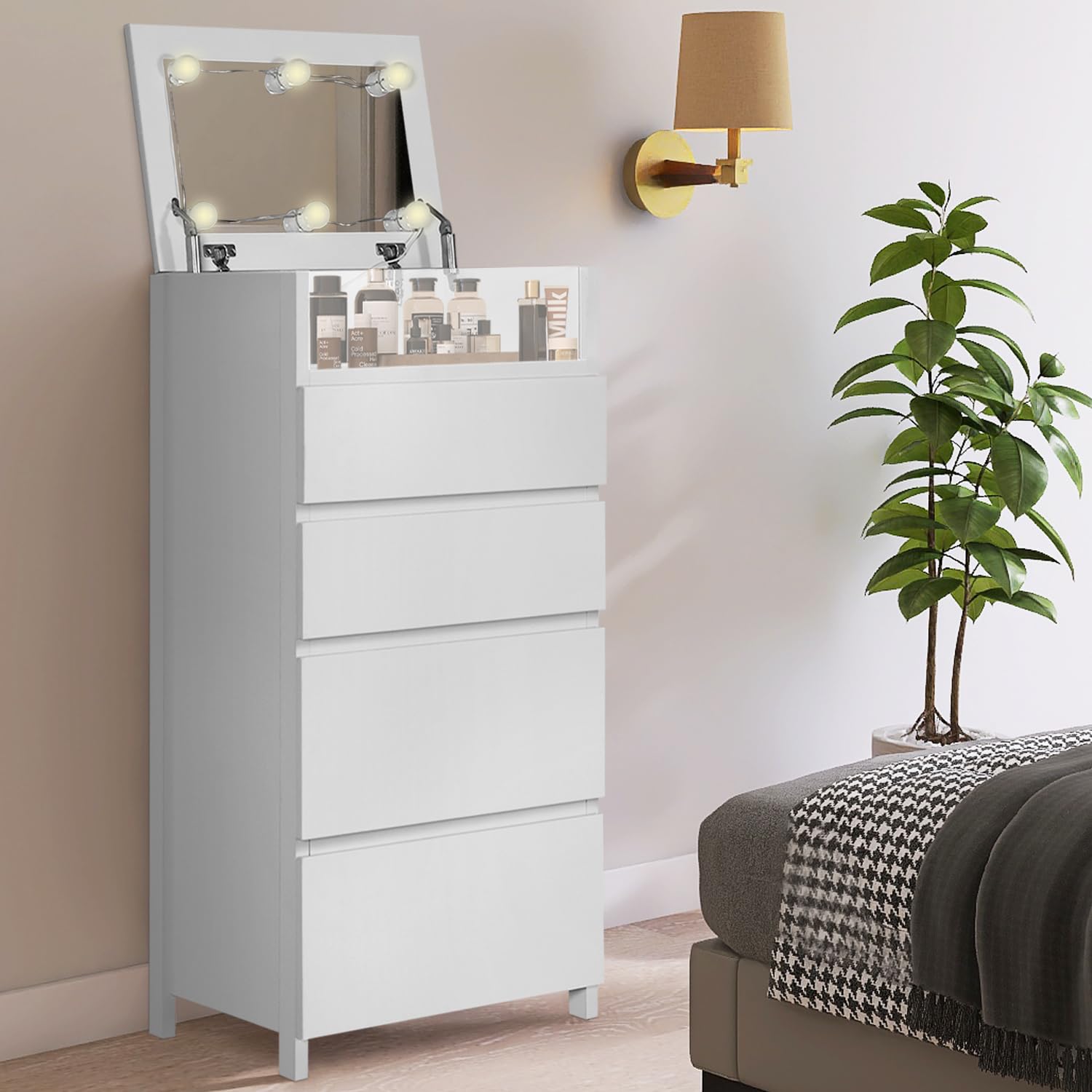 LTMEUTY Dresser for Bedroom, 4 Drawer Dresser with Mirror and Lights, Modern Tall Chest of Drawers with Makeup Organizer for Small Space, Bedroom, Entryway, Living Room (White)