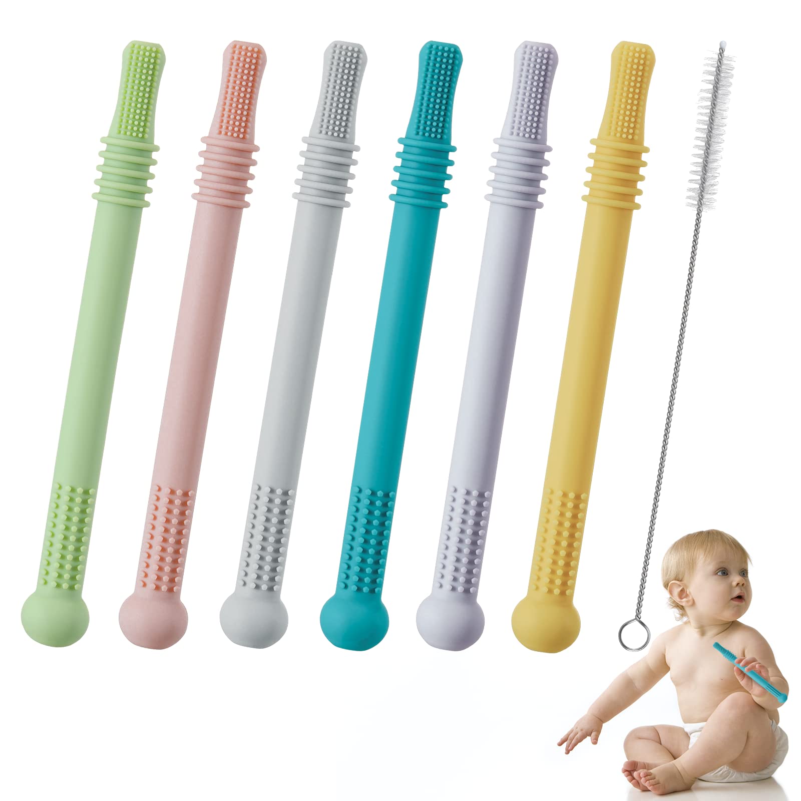 HAILI XMGQ Hollow Teething Tubes for Babies,6 Pack Chewy Straw Toy,Safe Silicone Baby Teethers Teething Toy 0-6 Months 6-12 Months