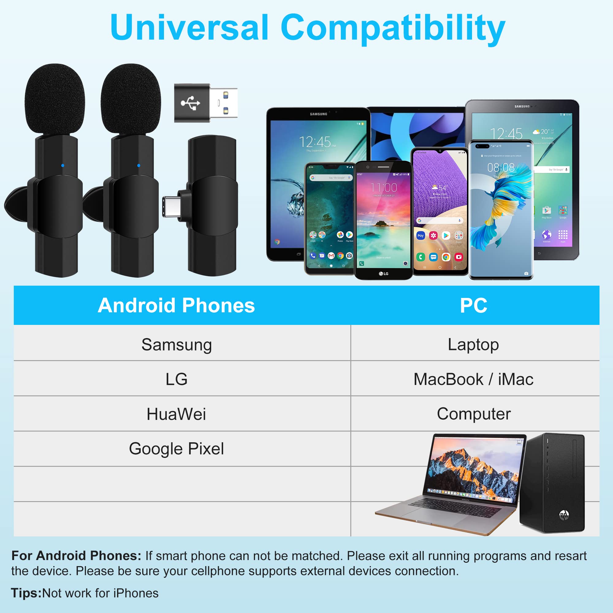 GRTPRTS Wireless Microphone for Android/Computer/Laptop, Wireless Lavalier Microphone for Video Recording, Clip On Recording Microphone for PC, Wireless Lapel mic for YouTube Streaming, Facebook Live