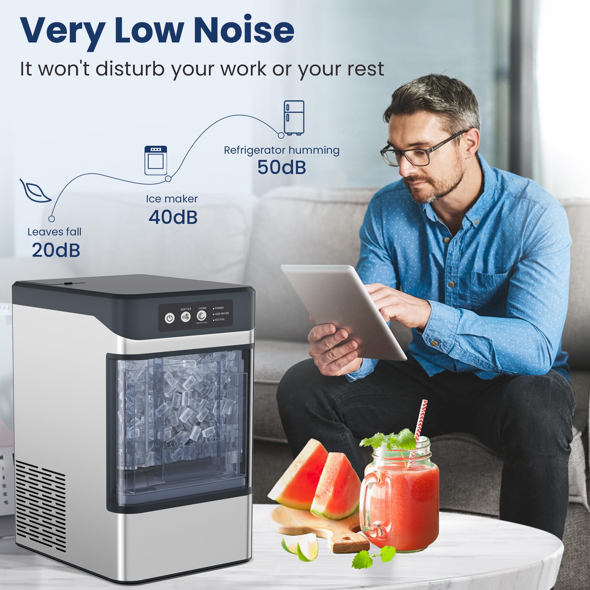 MERITLIFE Pellet Nugget Ice Maker,Countertop Small Ice Machine,Crunchy Chewable Soft Ice,1.3L Water Tank,Auto Cleaning,Fresh Ice for Kitchen,Bars,Office,Parties (M2)