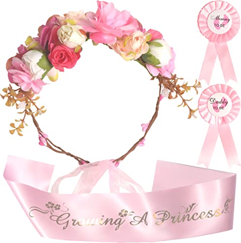 MEANT2TOBE Baby Shower Decoration for Mom To Be and Dad To Be, Pink, Brown Flowers style Tiara + Pink & Silver Sash + Pink & White Daddy to be pin, Maternity Christmas Gift for Her nd Him
