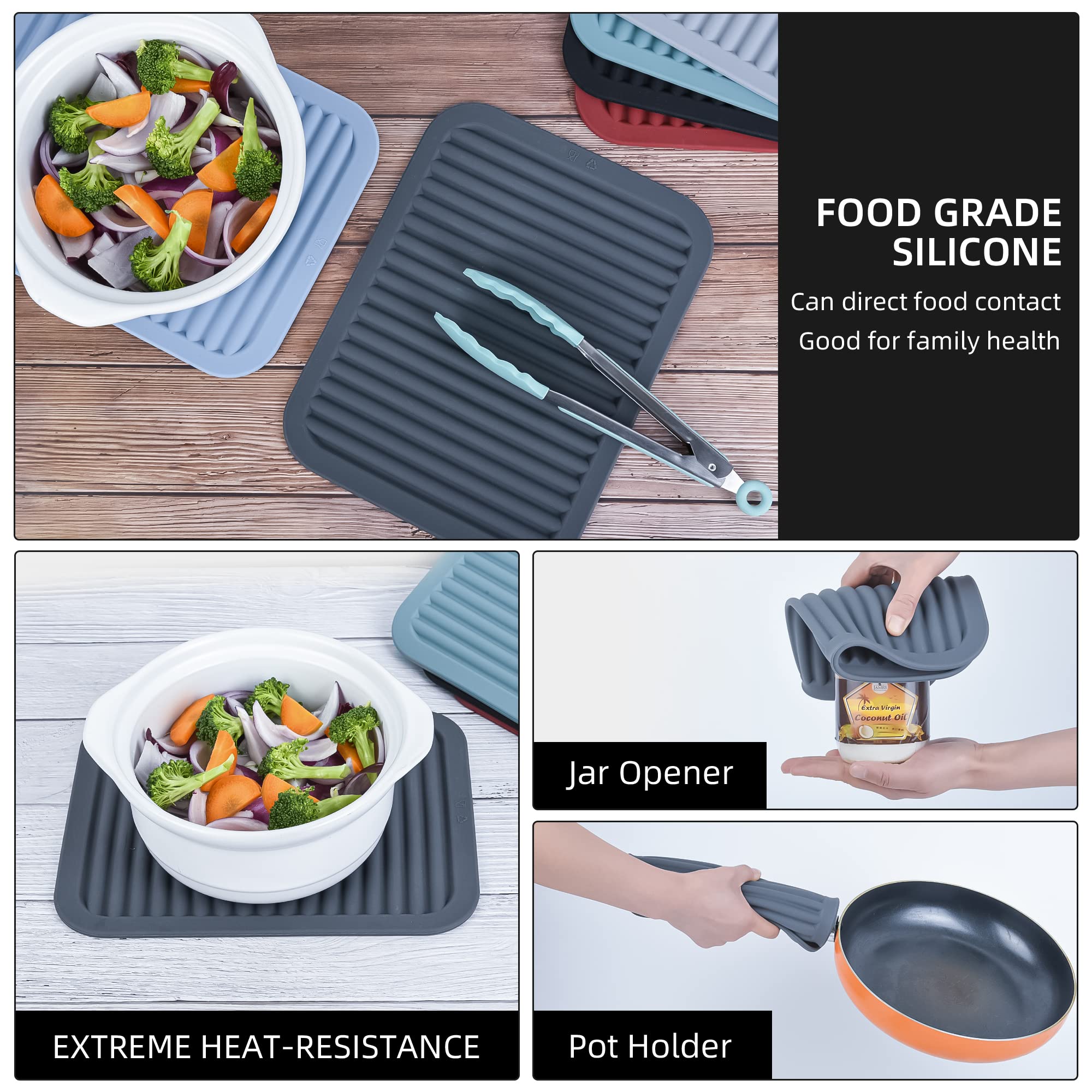 IFFMYJB Silicone Trivets Mats, Silicone Hot Pads for Pot Holder, Square Trivets for Hot Dishes, Pots and Pans, Multi Purpose Hot Pads for Kitchen Counter, Non Slip Heat Resistant Mats Set 4 Blue