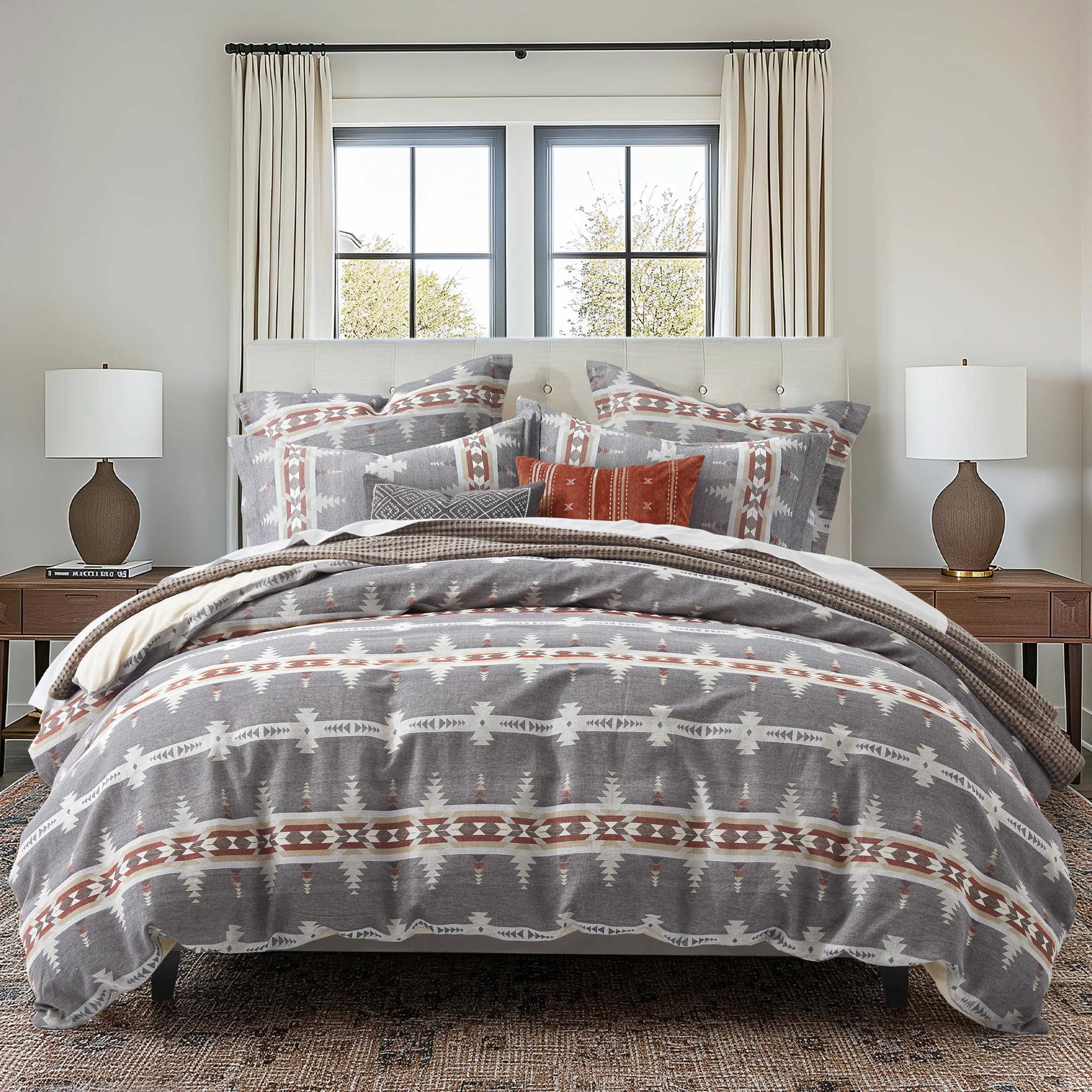 Levtex Home - Corrales Duvet Cover Set - King Duvet Cover + Two King Pillow Shams - Aztec - Grey, Brick Red, Cream and Taupe - Duvet Cover (106 x 94in.) and Pillow Shams (36 x 20in.) - Cotton
