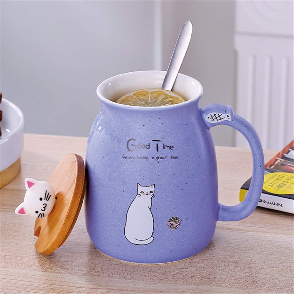 F FINEC 15oz Cute Cat Ceramic Mug, 450ml Milk Coffee Tea Cup With Spoon And Three-dimensional kitty Wood Lid, Heat-Resistant Cartoon Kitten Mugs For Children Office Lovers Gifts