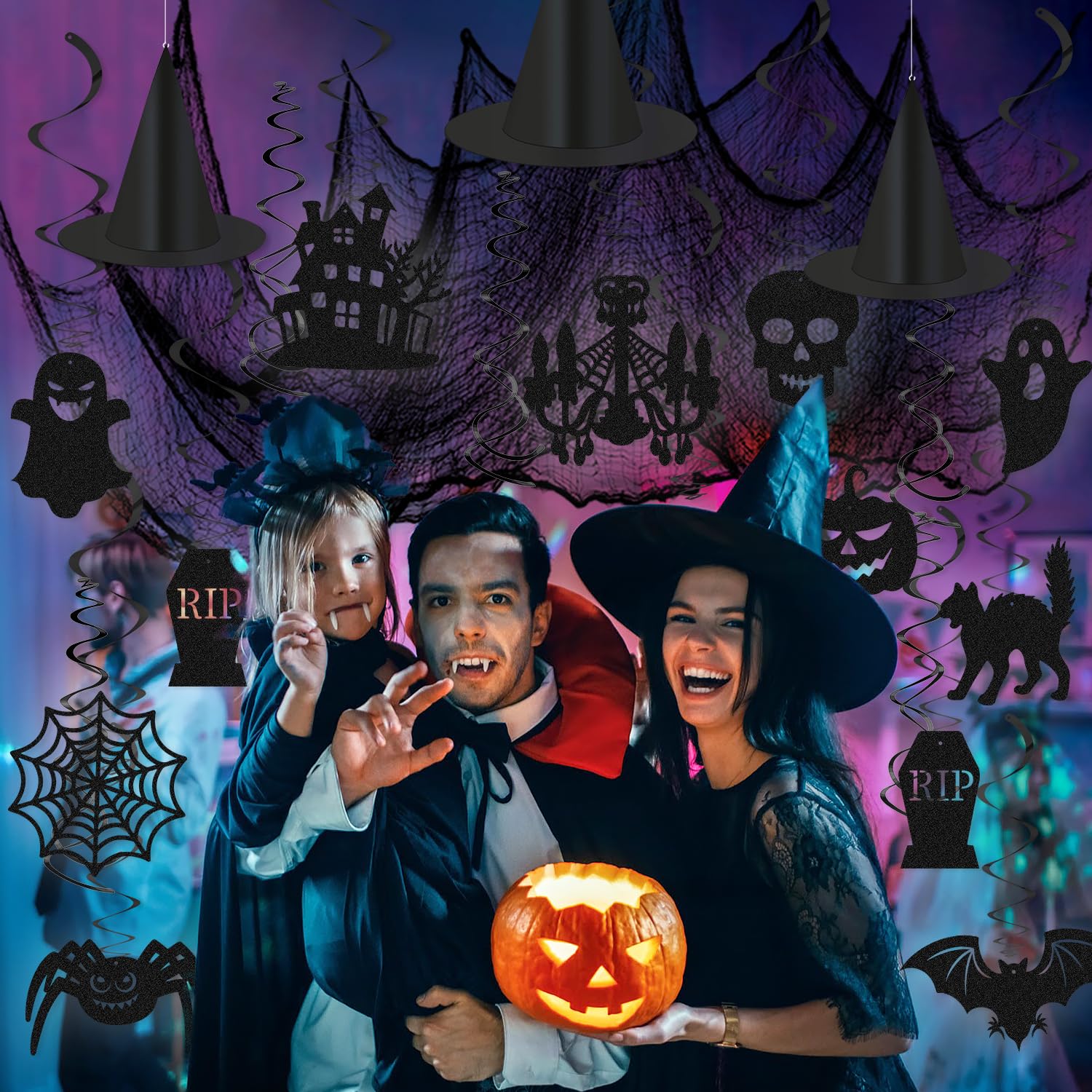 Levvcirki 35 PCS Halloween Party Decorations Hanging Swirl with Horror Pattern Witches Hat Black Creepy Cloth for Halloween Scary Theme Party Supplies