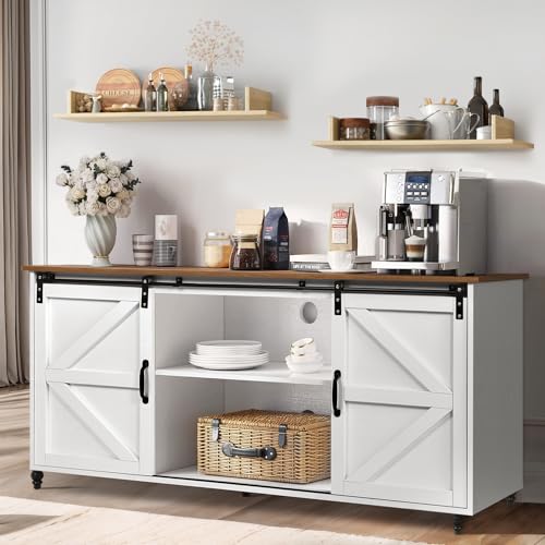 Farmhouse Coffee Bar Cabinet, 58ā Kitchen Sideboard Buffet Cabinet with Storage, White Coffee Bar Table with Sliding Barn Door for Dinning Living Room