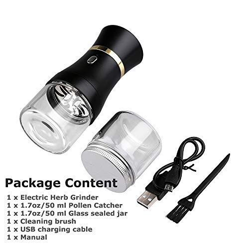 Electric Grinder Spice Herb Grinder USB-Rechargeable, 2pcs 1.7oz Glass Herb Chamber - Mini Portable (Black & Gold Ring)