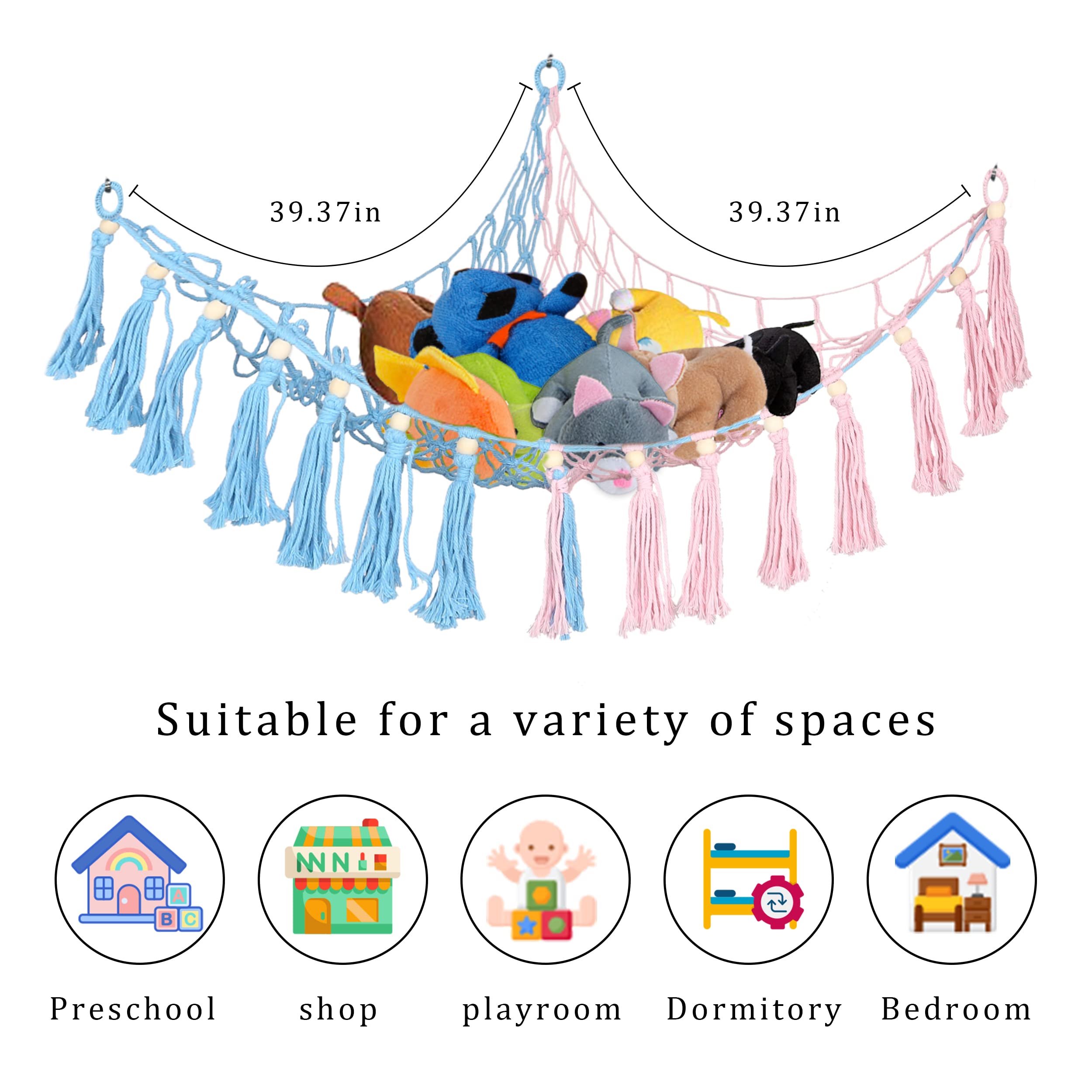 Yvqxvv Stuffed Animal Toy Hammock - Corner Hammock Organizer Display Holder Net Storage Rack Hanging Toys for Boho Kids Girls Bedroom Play Room Decor(Pink&Blue)