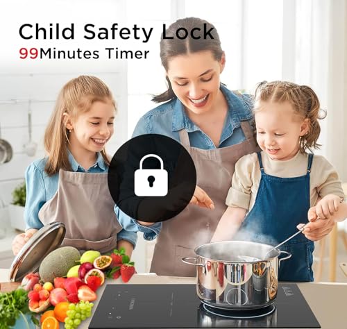 Electric Induction Cooktop,COOKTRON Built-in Electric Stovetop with 10 Power Levels, 3300W,Child Lock, Timer, Touch Control, 2 Burner Induction, Pause Function, 220-240V,Hard Wire(No Plug)
