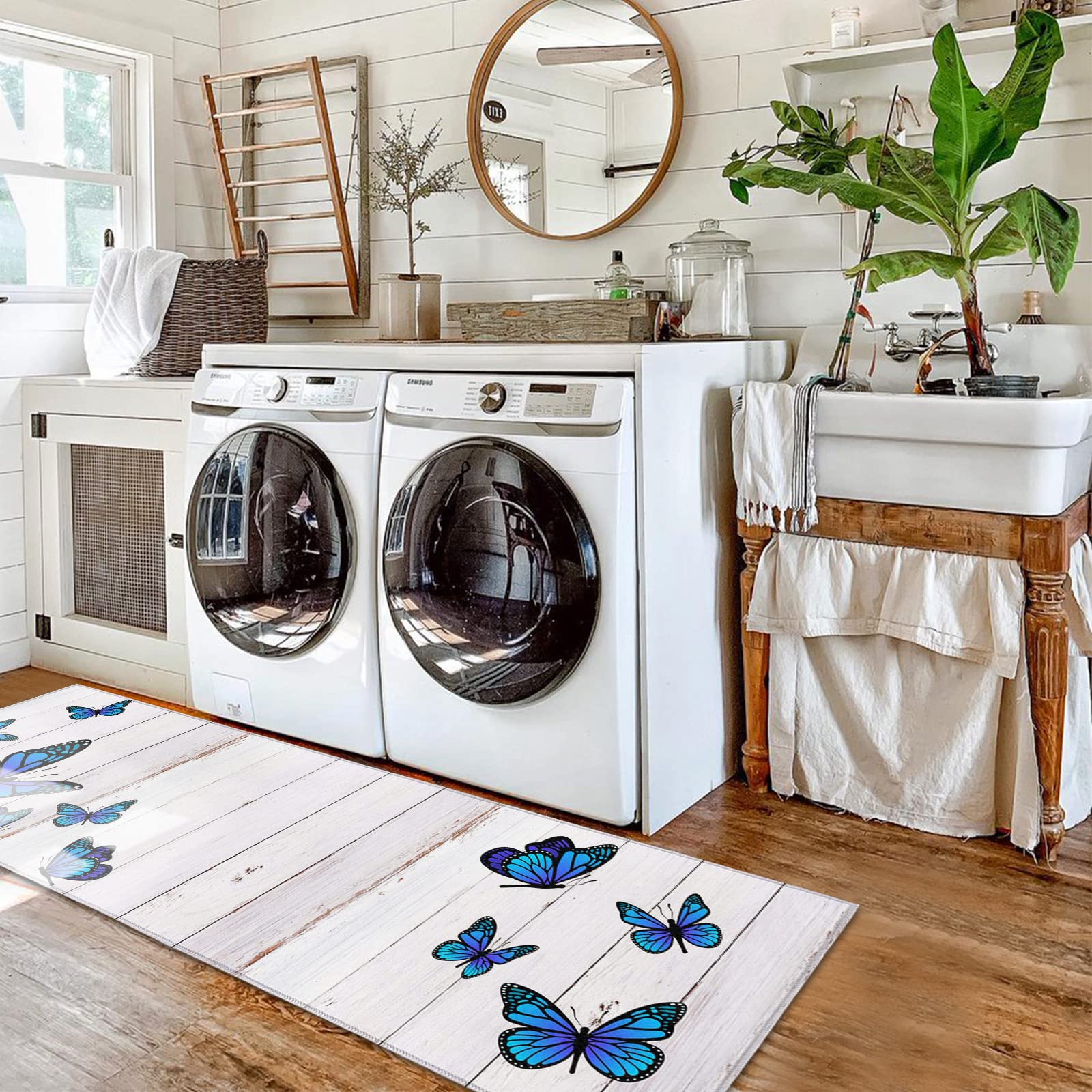 Farmhouse Style Kitchen Mats for Floor Cushioned Anti Fatigue 2 Piece Set Kitchen Runner Rugs Non Skid Washable Butterfly Vintage Wooden Plank