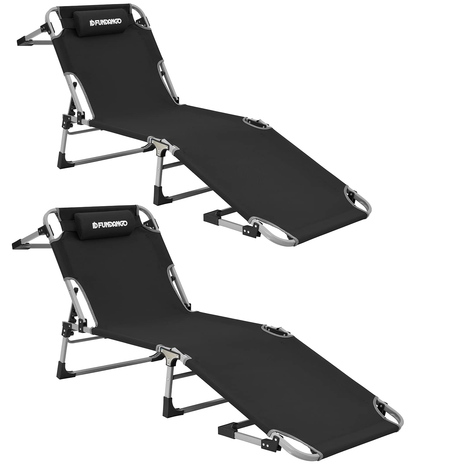 FUNDANGO Folding Chaise Lounge Chair with Pillow, Widen 4-Fold Portable Adjustable Camping Reclining Chair, Black for Outdoor, Lawn, Patio, Beach, 2 Pack