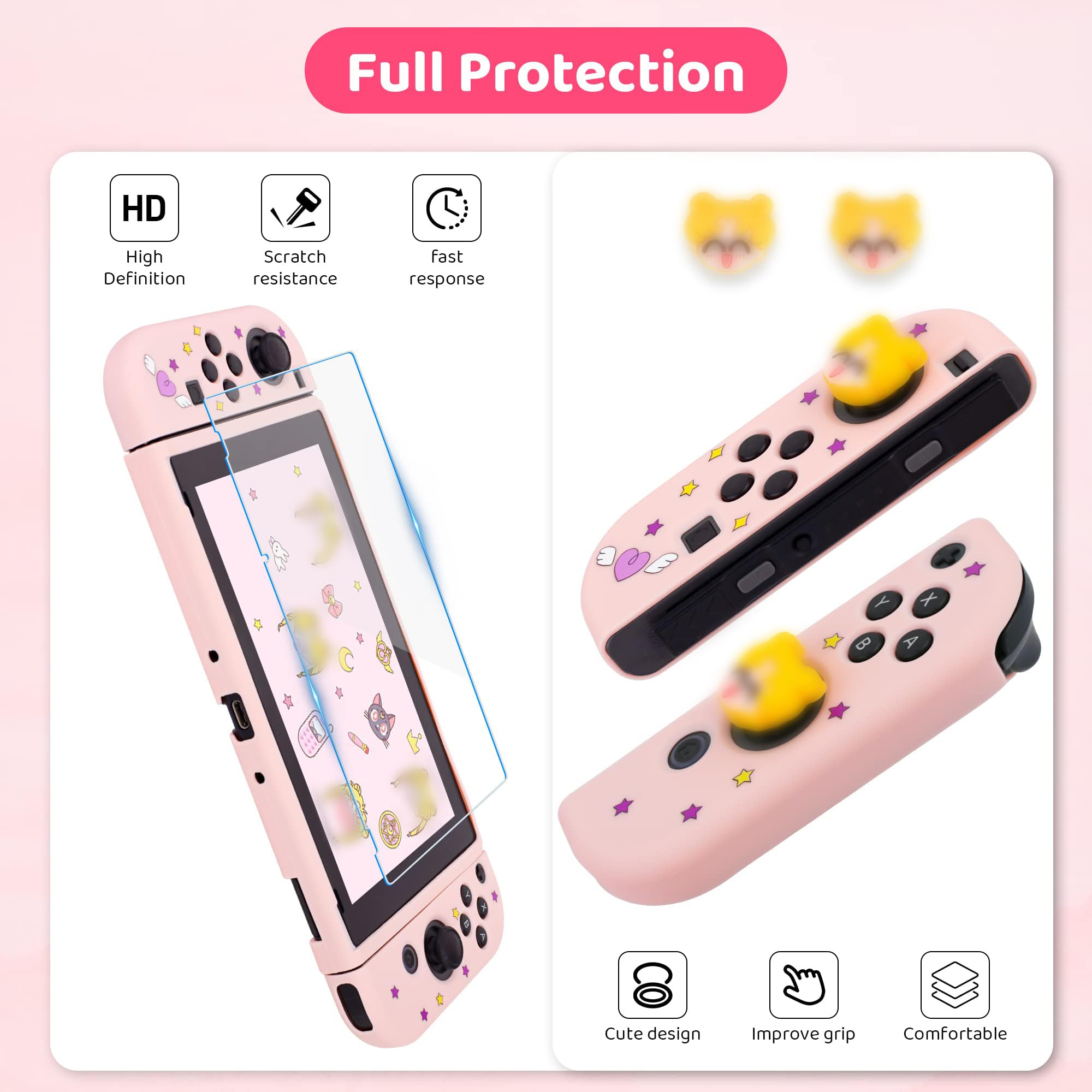 FUNDIARY Anime Girl Carrying Case for Nintendo Switch, Cute Travel Bag Storage Case for Switch and Accessories with Protective Shell, Screen Protector, Adjustable Shoulder Strap and 2 Thumb Grips