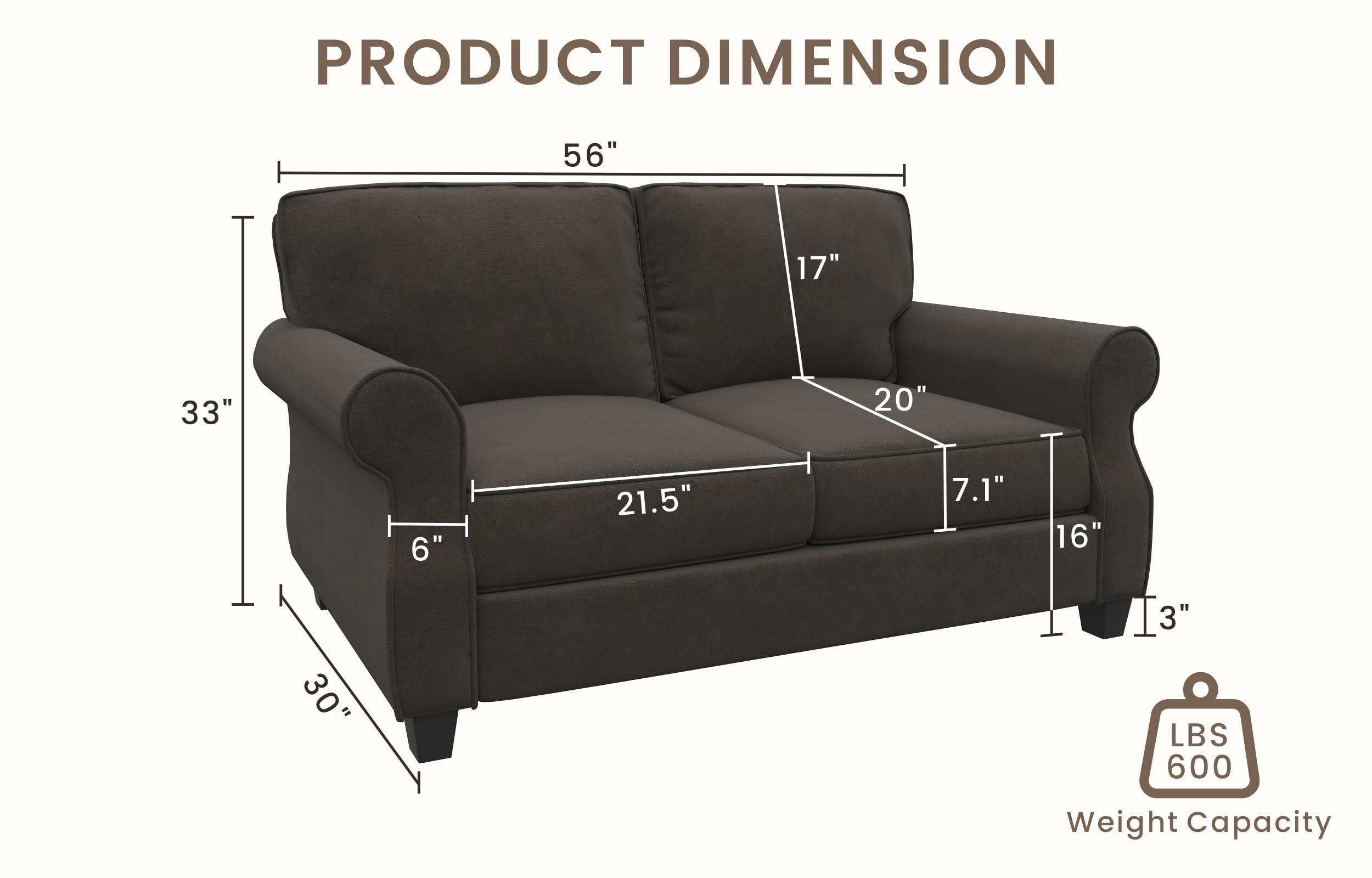 Loveseat Sofa - 56" Small Couch Mid Century Modern Flannel Love Sofas Small Space Saving Upholstered 2 Seater Love Seat Couches for Living Room Bedroom Home Office Apartment and Small Space,Brown