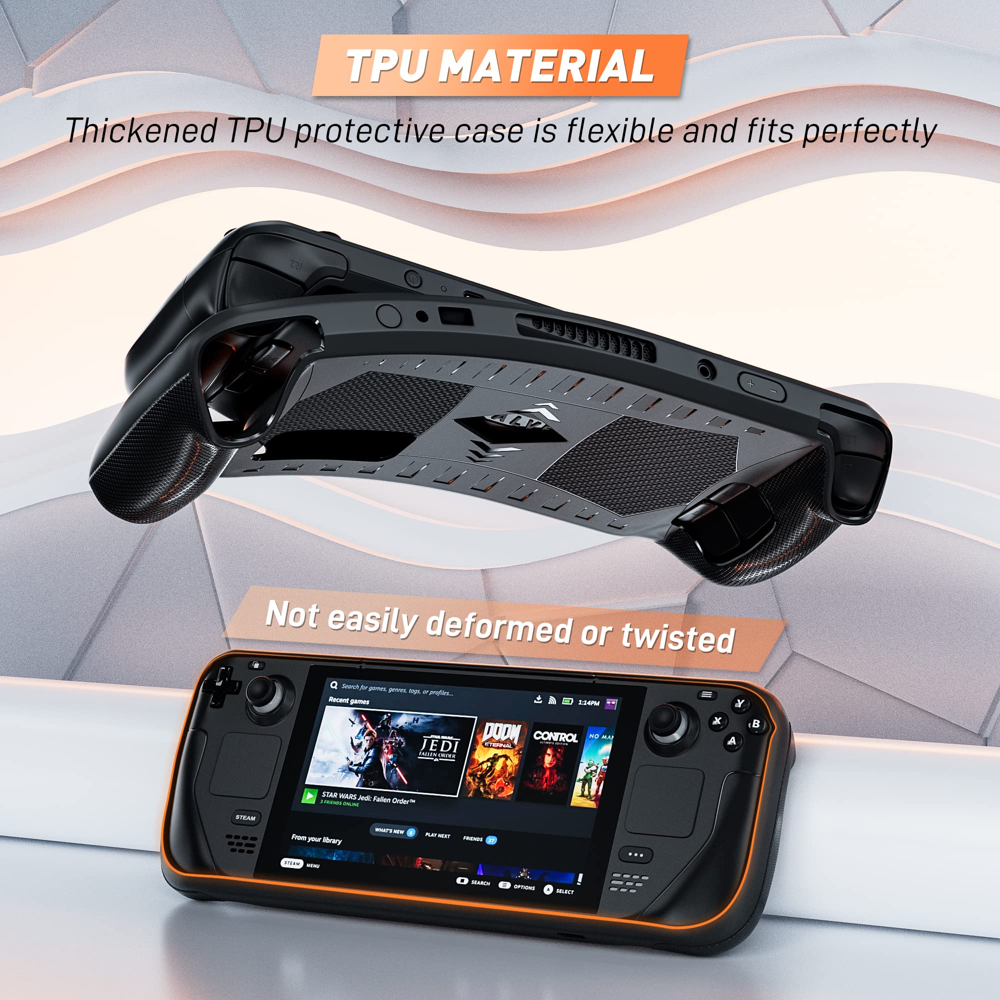 FUNDIARY Thickened TPU Protective Shell for Steam Deck, Non-Slip Texture Handle Case Compatible with Steam Deck, Anti-Collision Cover with 4 Thumb Caps and 2 Tempered Glass Screen Protector