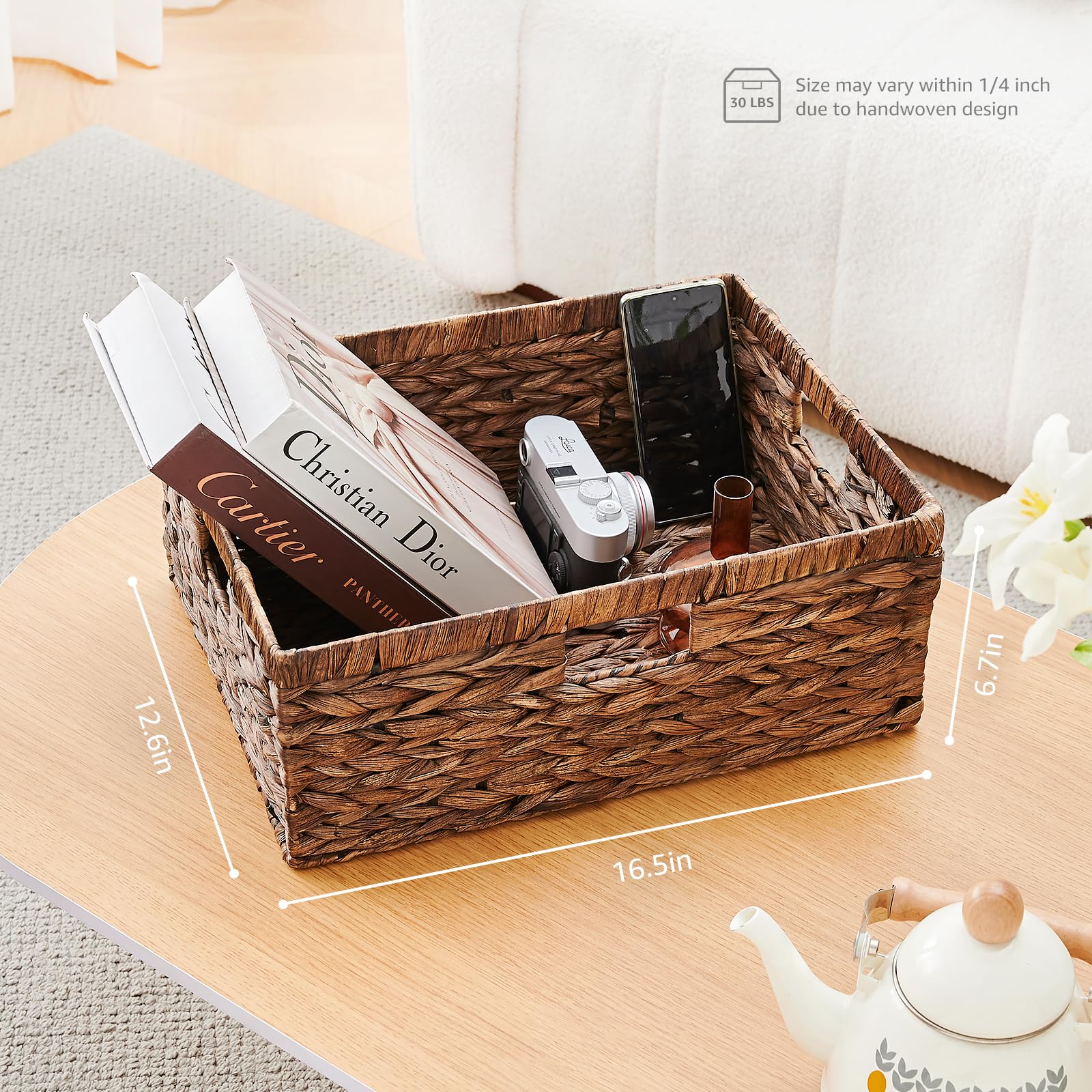 LGENHOOM Large Wicker Storage Basket, Woven Basket with Built-in Handles, Water Hyacinth Basket Storage, Rectangular Organizer Basket, Natural Wicker Baskets (Brown Water Hyacinth 16.5 x 12.6 x 6.7)