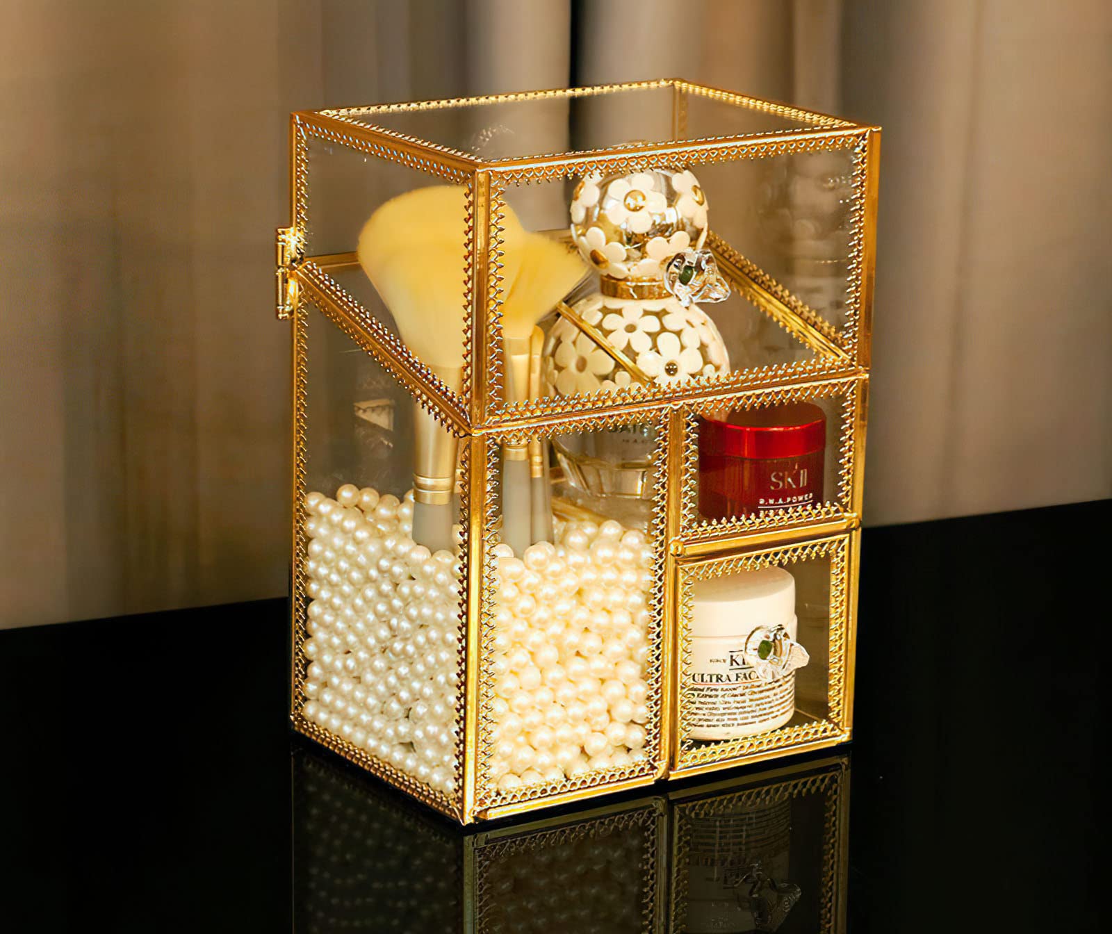 Large Glass Makeup Organizer Drawer Set Beauty Storage Bathroom Counter Organizer Cosmetic Display Jewelry Display Holder with 1300 pearls (16inx8.3inx4.3in)